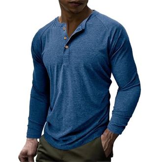 Generic Henley Chemise &agrave; manches longues d&eacute;contract&eacute;e unie avec col en V et boutons pour homme - T-shirt l&eacute;ger et respirant pour printemps et automne - Hauts 