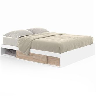 IDMarket Idmarket - Cadre de lit double salem avec rangements et sommier 140 x 190 cm blanc et fa&ccedil;on h&ecirc;tre