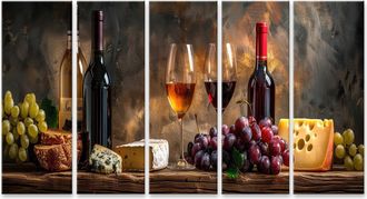 Islandburner Bild auf Leinwand Rustikales Stillleben mit Weinflaschen Gl&auml;sern Trauben K&auml;se Brot auf Holztisch Bilder Wandbilder Poster