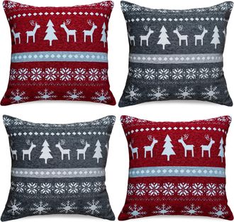 Matches 21 Kissenbezug 45x45 cm Elche & Muster grau & rot - 4er Mix Set Kissenhüllen als Weihnachtsdeko