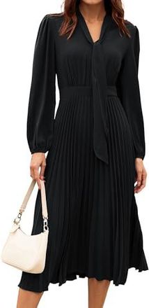 Grace Karin Robe décontractée pour femme - Manches longues - Col rond - Taille élastique - Plissée - Ligne A - Avec ceinture, Noir, XL