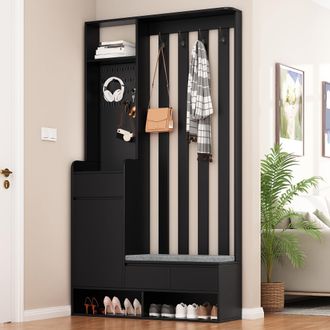 Generic Garderobenset 100x180 cm Schwarz Flurgarderobe mit Sitzbank Schuhschrank Stecktafel Garderobenst&auml;nder 4 Haken Schublade MDF Schuhbank f&uuml;r Flur Diele E
