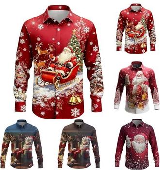 Generic Chemise de Noël amusante à manches longues pour homme - Imprimé Père Noël - Chemise de fête à boutons - Coupe ajustée - Graphique 3D - Costume de Noël