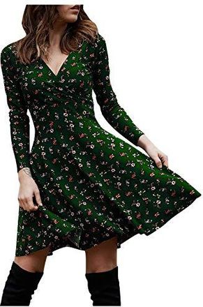 TOMWELL Femme Robe Casual Chic Bohème Elégant Impression Col V Manches Longues Mini Robe Vert L
