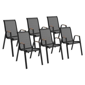 IDMarket Lot de 6 chaises de jardin NOUMEA m&eacute;tal et textil&egrave;ne empilables noir et bois