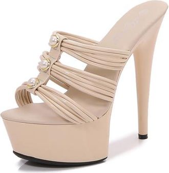 Generic Beige,43 EU,Sandales à Perles pour Femmes, Bout Ouvert, Plateforme, Talons Aiguilles, Escarpins à Bride arrière, Chaussures de soirée de Mariage