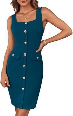 Grace Karin Robe de cocktail élégante pour femme - Sans manches - Col carré - Boutons - Ceinture - Pour le travail, le bureau - Robe formelle - Mini robe moulante