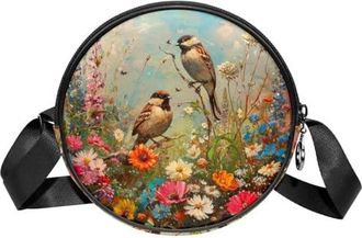 Generic Sac &agrave; bandouli&egrave;re rond pour femme, petit sac &agrave; bandouli&egrave;re motif oiseaux avec fermeture &eacute;clair, bretelles r&eacute;glables, sac &agrave; main rond d&eacute;contract&eacute; pour 