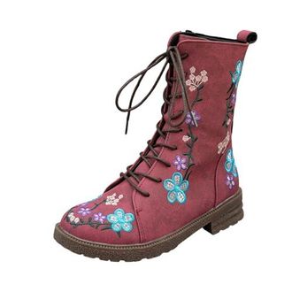 Generic Bottes &agrave; lacets pour femme - Talon bas - Style d&eacute;contract&eacute; - &Eacute;l&eacute;gantes - Bout rond - Broderie - Fermeture &eacute;clair lat&eacute;rale - Antid&eacute;rapantes - Confortab