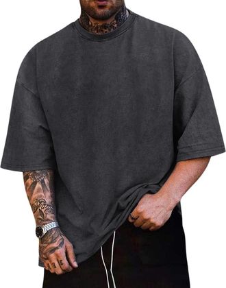 Minetom Herren Sommer T-Shirt Oversize Fit Kurzarm Oberteil Mit Rundhals Retro Washed Weit Geschnittenes Tee Einfarbig Basic Shirt T Shirts M&auml;nner Longshirt A