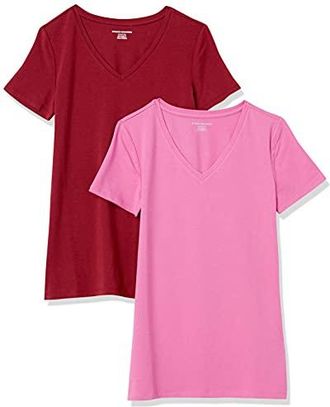 Amazon Essentials T-Shirt Col en V, à Manches Courtes, Coupe Standard Femme, Lot de 2, Bordeaux/Rose, XXL