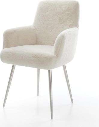 DELIFE Esszimmerstuhl Heira-Flex mit Armlehnen Plüsch Creme-Weiß 4-Fuß konisch Edelstahl Taschenfederkern, Esszimmerstühle