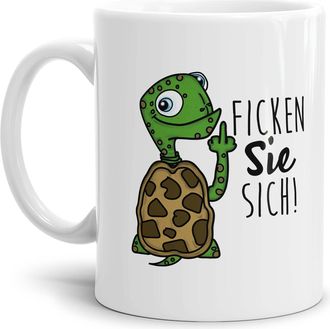 Tassendruck Tasse mit frechem Motiv - Schildkröte zeigt Mittelfinger Ficken Sie Sich - Geschenke für Freunde und Kollegen zum Geburtstag, Weihnachten | Spruch-Tas