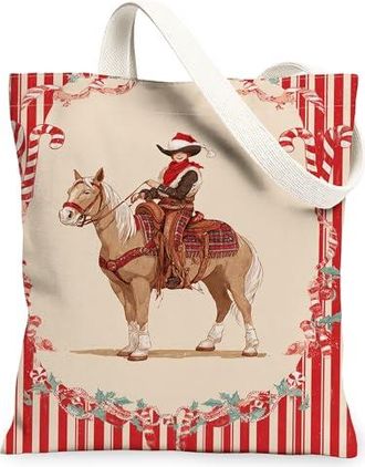 Generic Sacs fourre-tout en toile motif cheval de cowboy de No&euml;l, sacs d&eacute;picerie r&eacute;utilisables, l&eacute;gers et lavables, Rouge, 13x15 Inch
