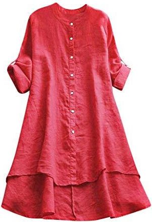 ORANDESIGNE Femmes Blouses Coton Lin Col en V Chemise Chic Simple Haut Manche Longue Tops Tunique Chemise Robes F Rouge XXL