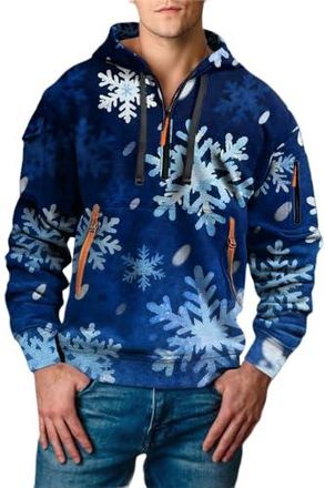 Generic Sweat-shirt de Noël pour homme avec col zippé et flocon de neige imprimé 3D Père Noël Chemisier décontracté col en V Veste de vacances fantaisie, Bleu