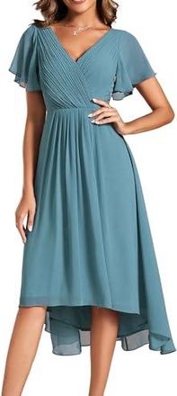 Ever-pretty Robe Femme Été A Line High Low Col V Manches Courtes pour Mariage Mère Bleu Poussiéreux 48