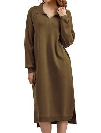 Generic Robe Pull Femme Longue Manches Longues Col Tricotée Fendue Basique Décontractée Hiver