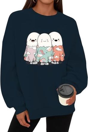 Generic Sweat-shirt dHalloween pour femme, sweat-shirt amusant &agrave; col rond pour Halloween | Chandail &agrave; &eacute;paules tombantes, bleu marine, XL
