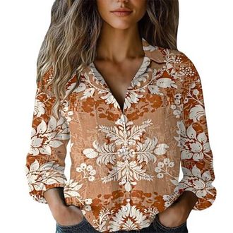 Generico Chemise Femme d&Eacute;t&eacute; D&eacute;contract&eacute; &agrave; Manches Longues Chemises Coton Et Lin &Eacute;l&eacute;gant Respirant Blouse Col en V L&eacute;ger T Shirt Vintage Imprim&eacute; avec Boutons Mo