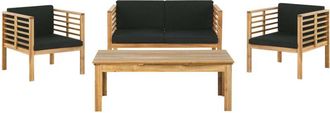 Beliani Gartenm&ouml;bel Set 4-Teilig Hellbraun Akazienholz 4-Sitzer mit Auflagen Schwarz Modern 1 Sofa 2 Sessel und 1 Couchtisch Terrasse Outdoor