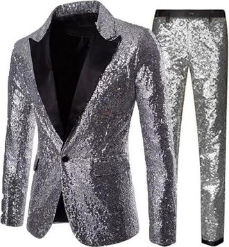 Generic Blazer &agrave; paillettes brillantes pour homme - Ensemble deux pi&egrave;ces - Blazers crant&eacute;s d&eacute;contract&eacute;s et intelligents - Un bouton - Coupe r&eacute;guli&egrave;re - Change