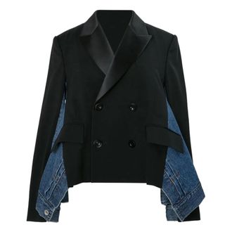 sacai Femme, Vestes, Noir, Taille: 42 FR Veste Tailleur en Laine x Denim