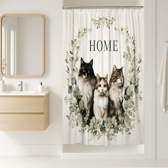 Generic Katzen-Duschvorhang, Aquarell, Gr&uuml;n, Beige, Blumenmuster, Zuhause, Badezimmer, Dekoration, Fr&uuml;hling, Sommer, modern, minimalistisch, wei&szlig;, wasserdicht