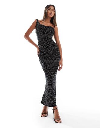 Asos Midikleid aus Samt in Schwarz mit asymmetrischem, drapiertem Ausschnitt und Verzierung-Grau