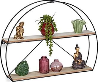 Relaxdays Wandregal, HxBxT: 45 x 60 x 11 cm, Metall, MDF, 2 Ablagen, Industrial, Schweberegal halbrund, schwarz/Natur