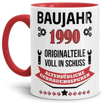 Tassendruck Geburtstags-Tasse Baujahr 1990 Innen & Henkel Rot/Kaffee-Tasse/Mug/Cup/Becher/Lustig/Witzig/Fun/Geschenk-Idee/Geburts-Jahr/Scherz-Artikel/Geburtstags-