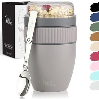 Milu Gobelet à Emporter 400ml en Acier Inoxydable - Isolé pour Muesli, Yaourt, Porridge - Anti-Fuite avec Cuillère (Gris Taupe)