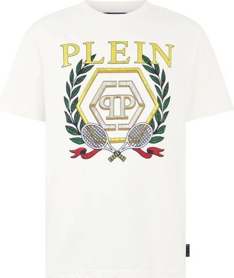Philipp Plein Homme, Tops, Blanc, Taille: XL T-Shirt Col Rond Tennis Crest