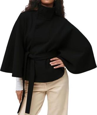 Generic Ponchos à manches chauve-souris pour femme, manteau court dhiver tendance, col montant, cape en laine, avec ceinture, Noir, XXL
