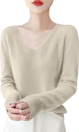 Generic Pull à col en V à manches longues pour femme - Couleur unie - Pull en tricot uni confortable - Col en V - Manches longues creuses - Chemises dautomne 