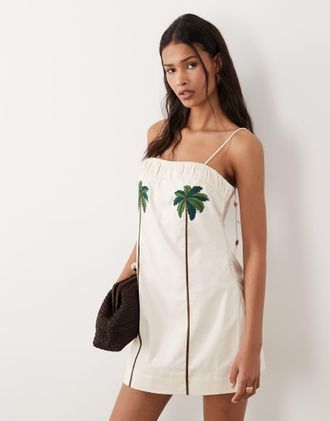 Asos Robe courte &agrave; broderie palmier - Blanc