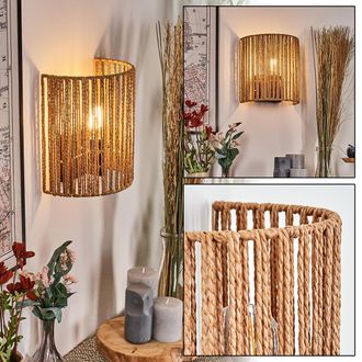 HOFSTEIN Wandleuchte Colmeal, Wandlampe aus Metall/Bast/Seil in Schwarz/Natur, Leuchte im Boho-Design mit Stecker und Schalter, abnehmbares Kabel, Lichteffekt,