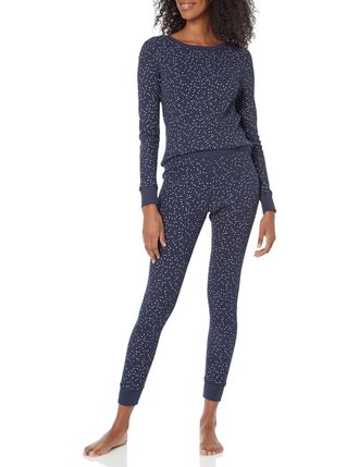 Amazon Essentials Damen-Pyjama-Set, Waffelmuster, eng anliegend, 2-teilig, langärmelig, Marineblau, Ditsy Floral, Größe S