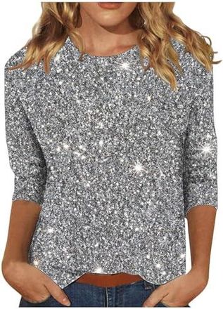 Generico Chemise &eacute;l&eacute;gante pour femme avec paillettes brillantes - Col rond avec fermeture &eacute;clair - Haut pour femme - Pour f&ecirc;te, printemps, vacances, f&ecirc;te, d&eacute;co