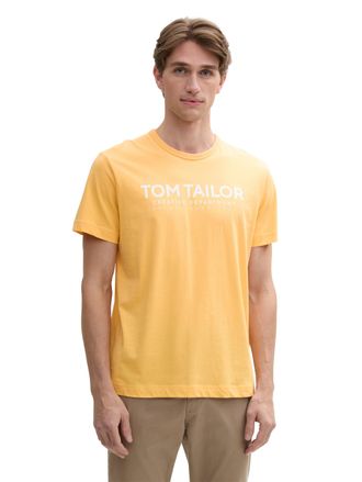 Tom Tailor Rundhalsshirt TOM TAILOR, Herren, Gr. M, gelb (peachy orange), Single Jersey, Obermaterial: 100% Baumwolle, bedruckt, regular fit h&uuml;ftbedeckend, Rundh