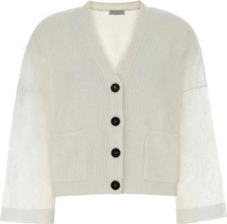 Brunello Cucinelli Femme, Pulls, Blanc, Taille: 36 FR Cardigan en maille c&ocirc;tel&eacute;e