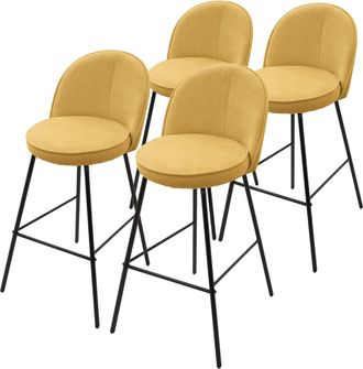 ML Design ML-Design Barhocker 4er Set Senf mit Stoffbezug, 75 cm hoch, Gepolsterte Barstühle mit Metallgestell, Küchenstühle mit Rückenlehne und Fußstütze, Tres