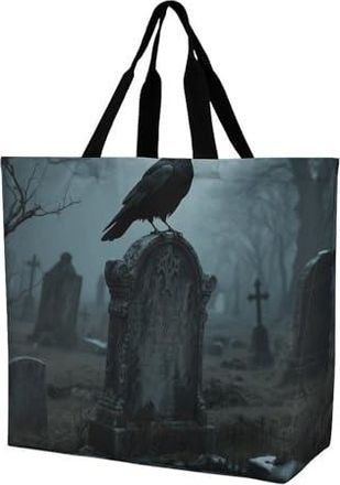 Generic Corbeau Noir Sur Pierre Tombale Sac Courses Pliable Sacs De Courses Grand Sac &Agrave; Bandouli&egrave;re Pour Universit&eacute; Gym Travail