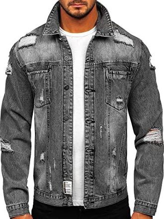 BOLF Homme Veste en jean Denim de transition Blouson Manche longue bande de bouton Casual Denimwear Oversize Decontracte MJ501G Gris M [4D4]