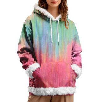 Generic Sweat à capuche imprimé dégradé en fausse fourrure pour femme avec poche, sweatshirts surdimensionnés en peluche pour femme, pull dhiver décontracté à