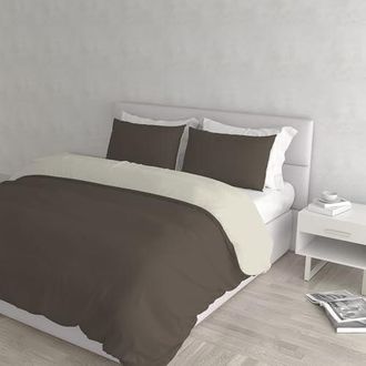 Italian Bed Linen Natürliches Bettbezug-Set mit Tasche und Kissenbezügen, 100% Baumwolle, Braun/Creme, Doppelbett, 3 Einheiten
