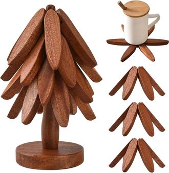 Generic Holzuntersetzer für heiße Gerichte, mit Halter, Baumuntersetzer, 3er-Set, dekorative Untersetzer mit Ständer, heiße Pads für heiße Töpfe und Pfannen, 