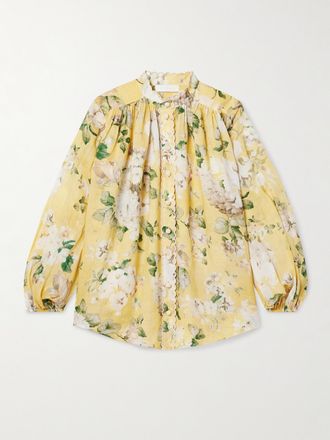 Zimmermann Acacia Bluse Aus Ramie-voile Mit Blumenprint Und Wellenkanten - Gelb