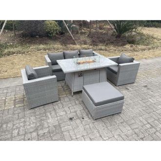 Fimous 6-Sitzer Polyrattan Gartenmöbel Set im Freien Gas Feuertisch Sofa Sets mit 2 Sessel Großer Hocker Helles Grau - Fimous