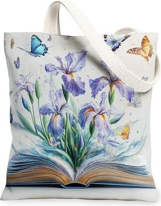 Generic Sac fourre-tout en toile avec iris printaniers pour le shopping, 33 x 38 cm, sac d&eacute;picerie r&eacute;utilisable pour femme, peinture de voyage florale, d&eacute;cora